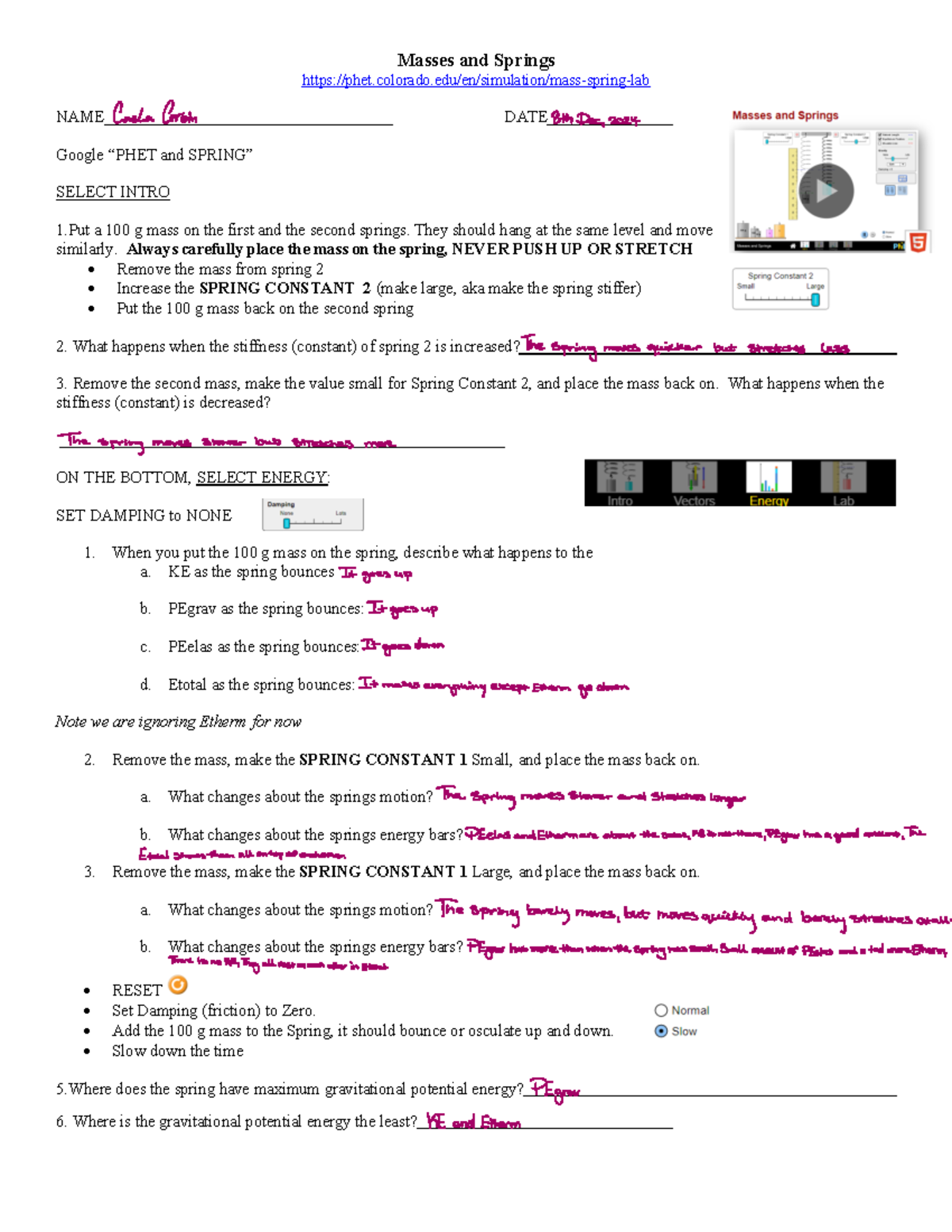 Masses and Spring worksheet - Masses and Springs phet.colorado/en ...