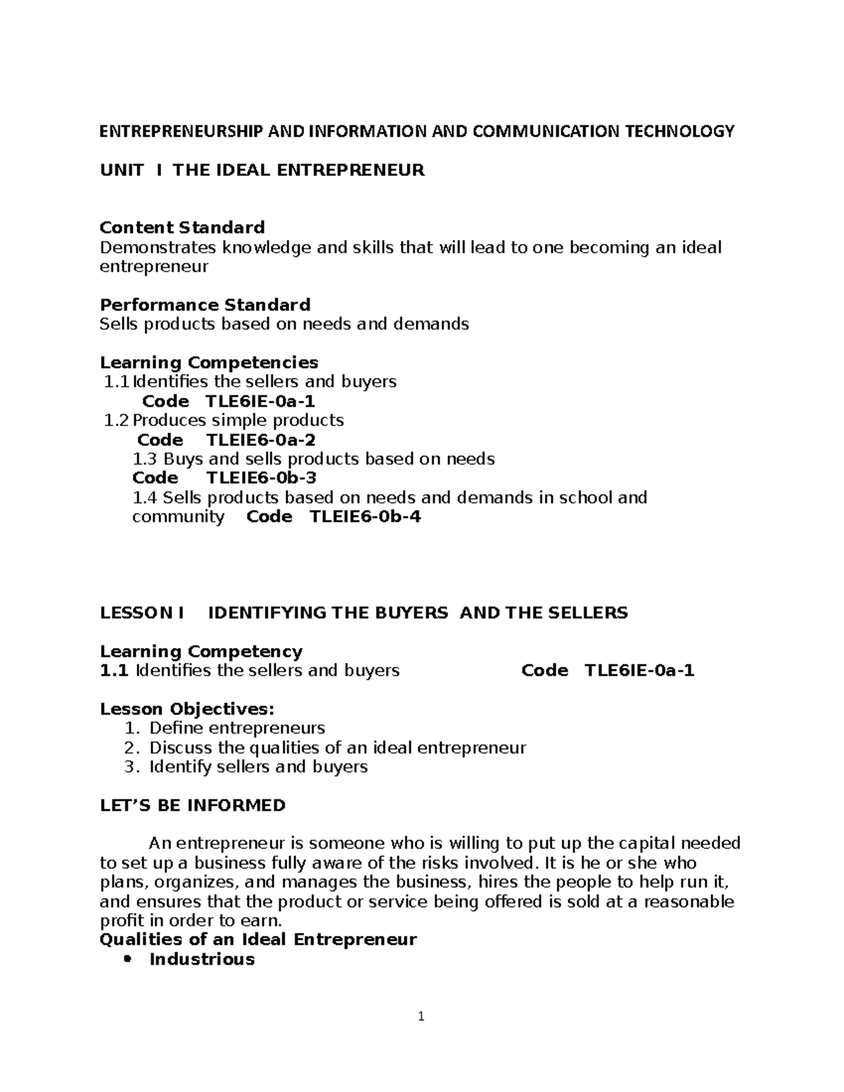 LM TLE 6 ICT - ICT - ENTREPRENEURSHIP AND INFORMATION AND COMMUNICATION ...