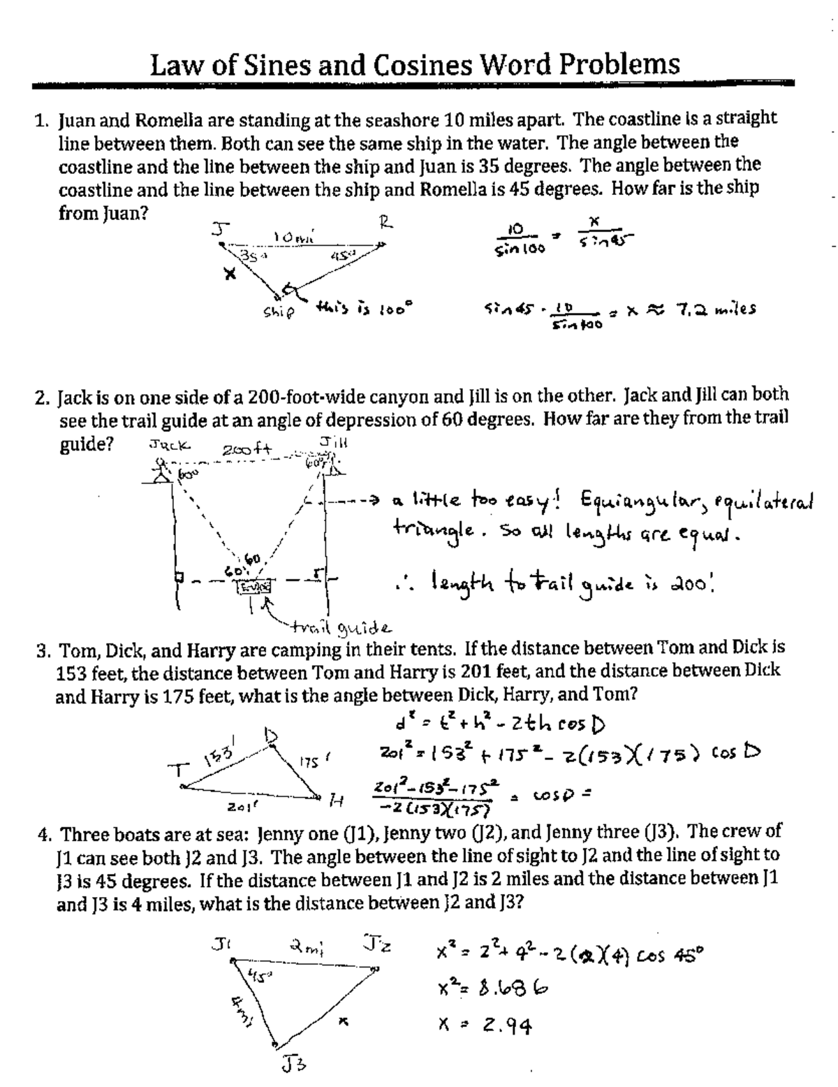 Law of Sines and Cosines Word Problems Worksheet #2 Answer Key - Law of ...