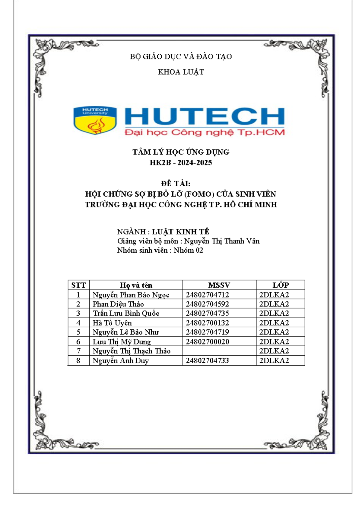 FOMO: Nghiên Cứu Về Hội Chứng Sợ Bị Bỏ Lỡ Ở Sinh Viên HKT2B - Studocu