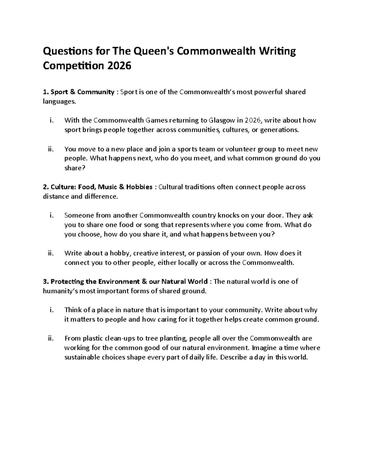 Queen's Commonwealth Writing Competition 2026: Entry Questions - Studocu