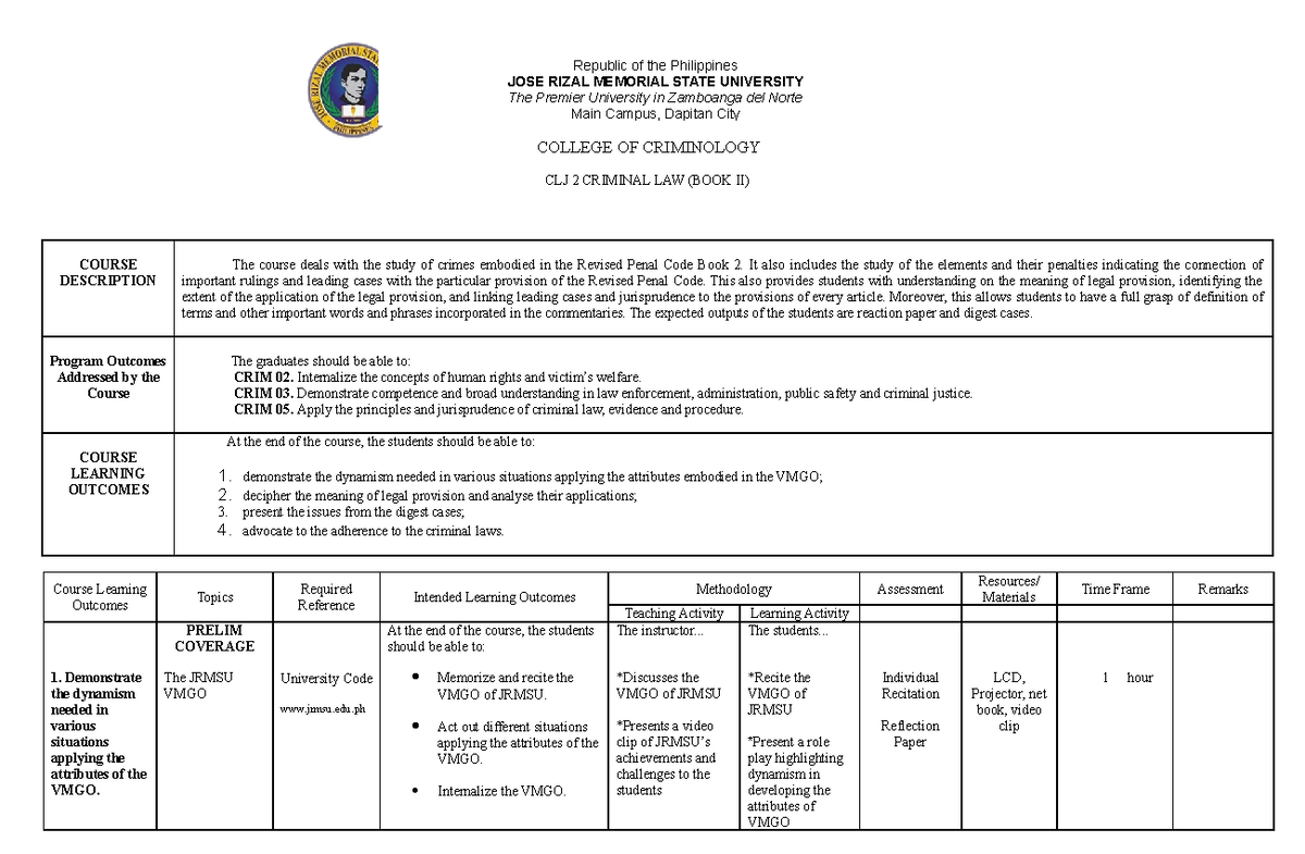 CLJ 2 Criminal Law Book II Syllabus & Course Overview - Studocu