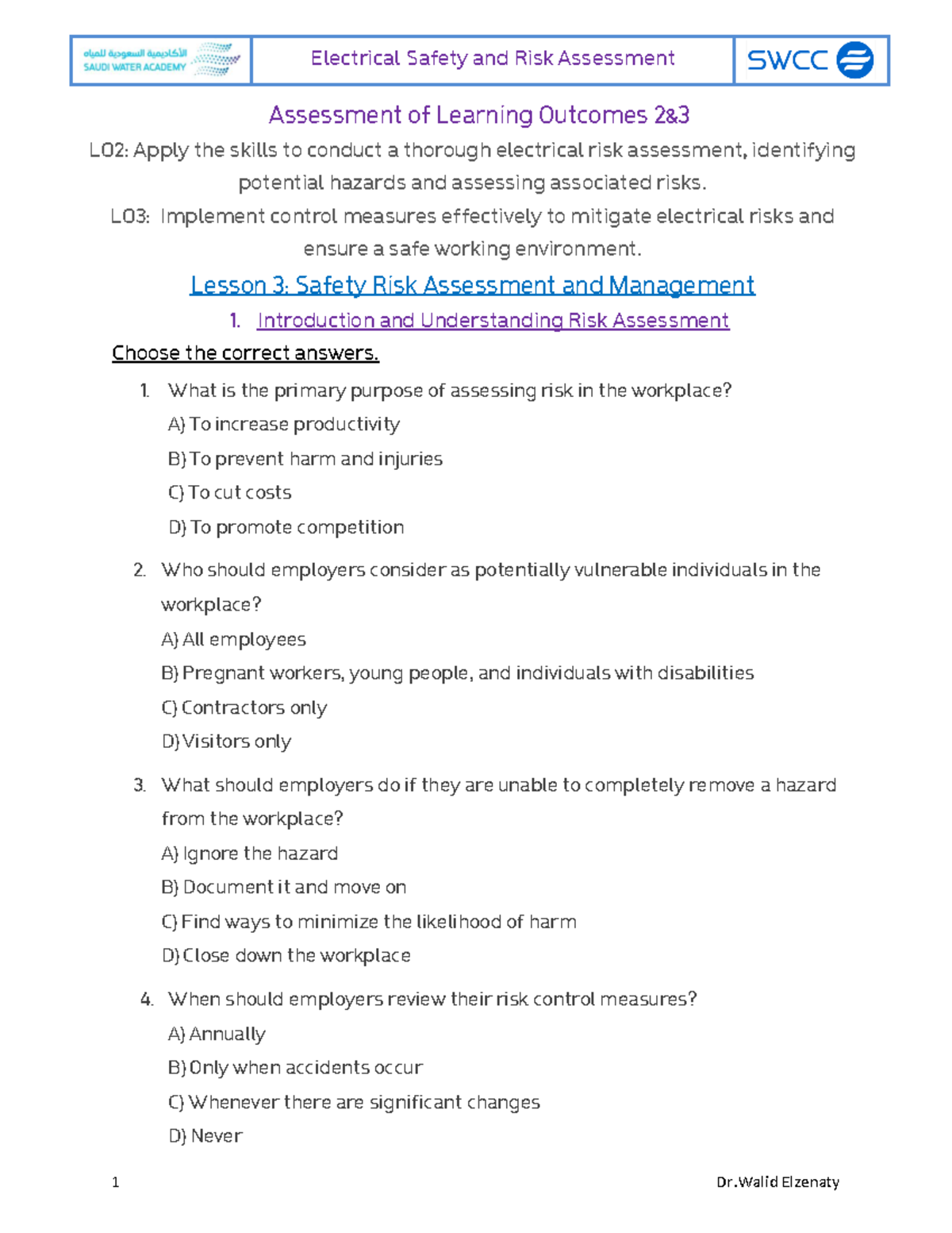 Electrical Safety and Risk Assessment (LO2 & LO3) - Lesson 3 Review ...