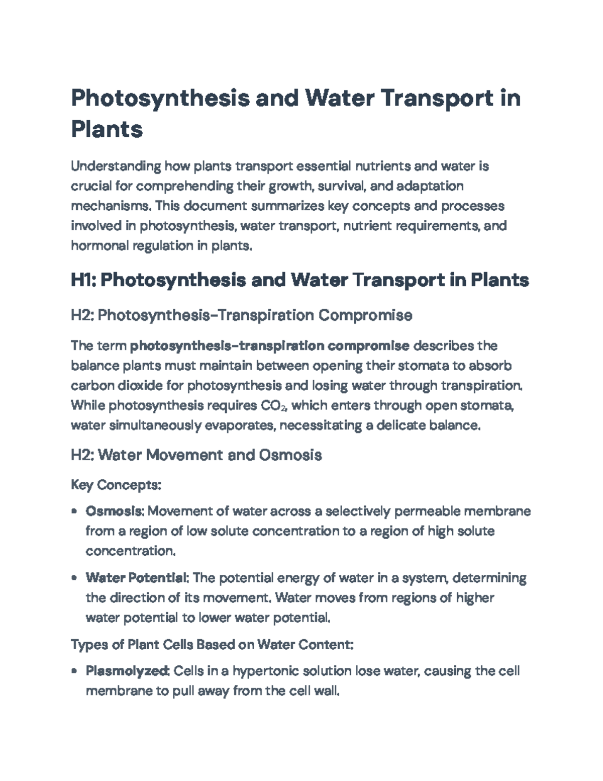 Photosynthesis, Water Transport & Nutrient Needs in Plants - Studocu