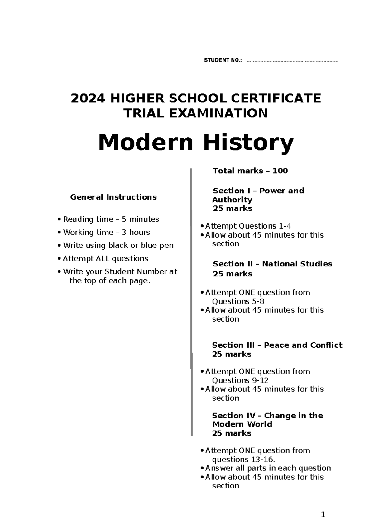 2024 HSC Modern History Trial Exam Instructions and Questions - Studocu