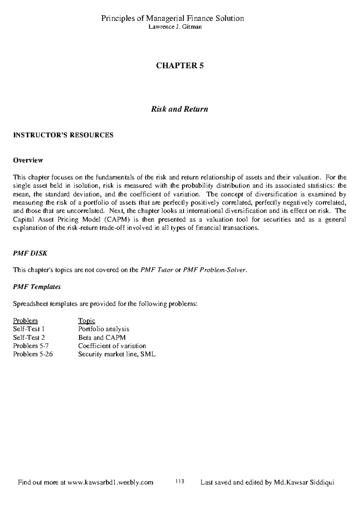 Chapter 5 - Solutions to Risk and Return from Gitman’s Finance Principles - Studocu