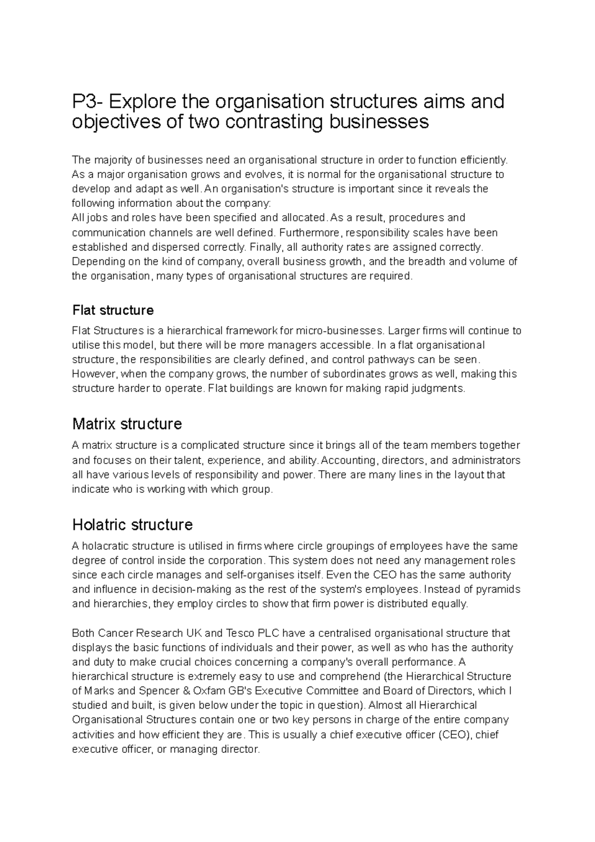 Unit 1 Exploring Business Assignment 1 Task 2 P3 Explore The Organisation Structures Aims And