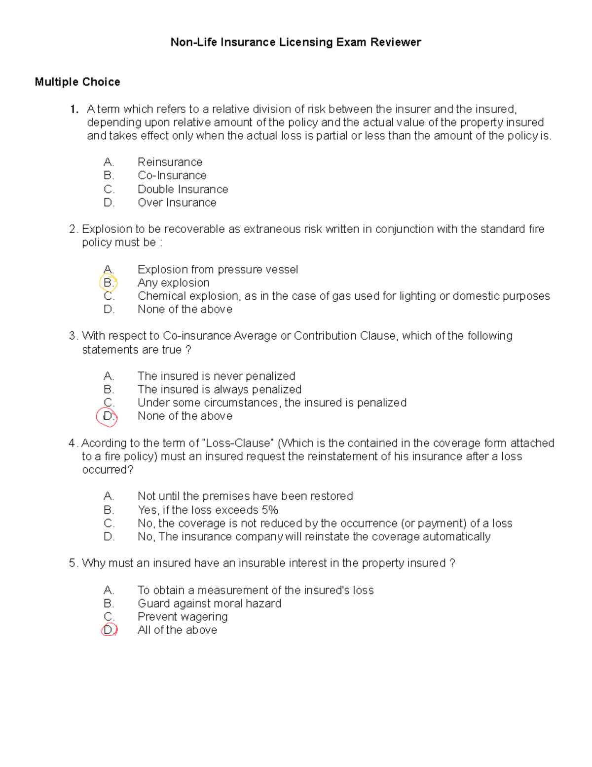 Non-Life Insurance Licensing Exam Reviewer - Prof Ed - Studocu