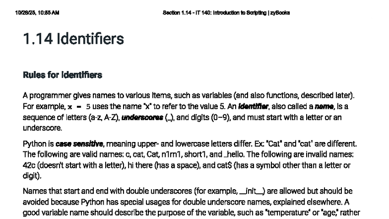 IT 140: Scripting I - zyBooks 1.14 Identifiers & Naming Rules - Studocu
