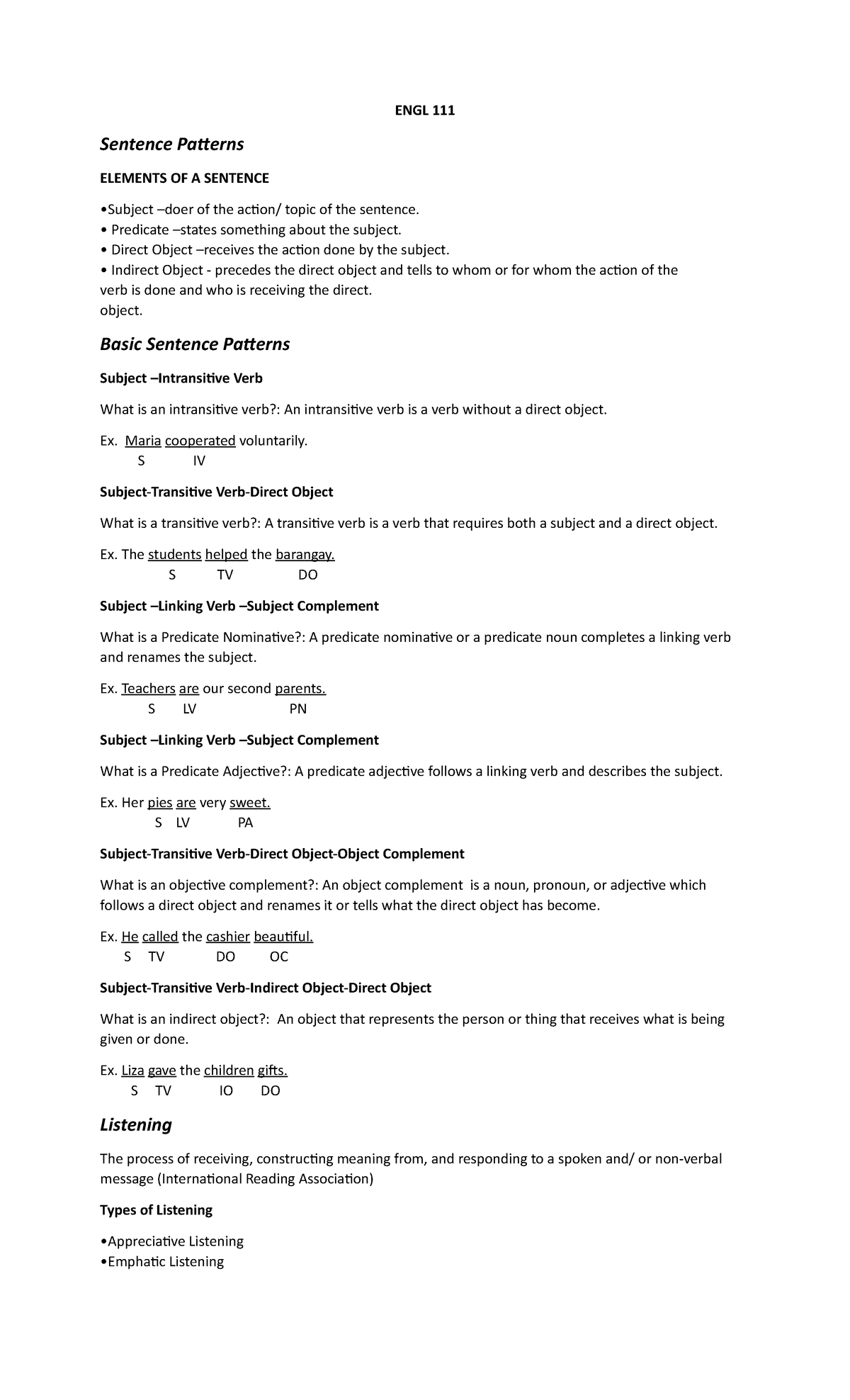ENGL 111 - notes for english - ENGL 111 Sentence Patterns ELEMENTS OF A ...