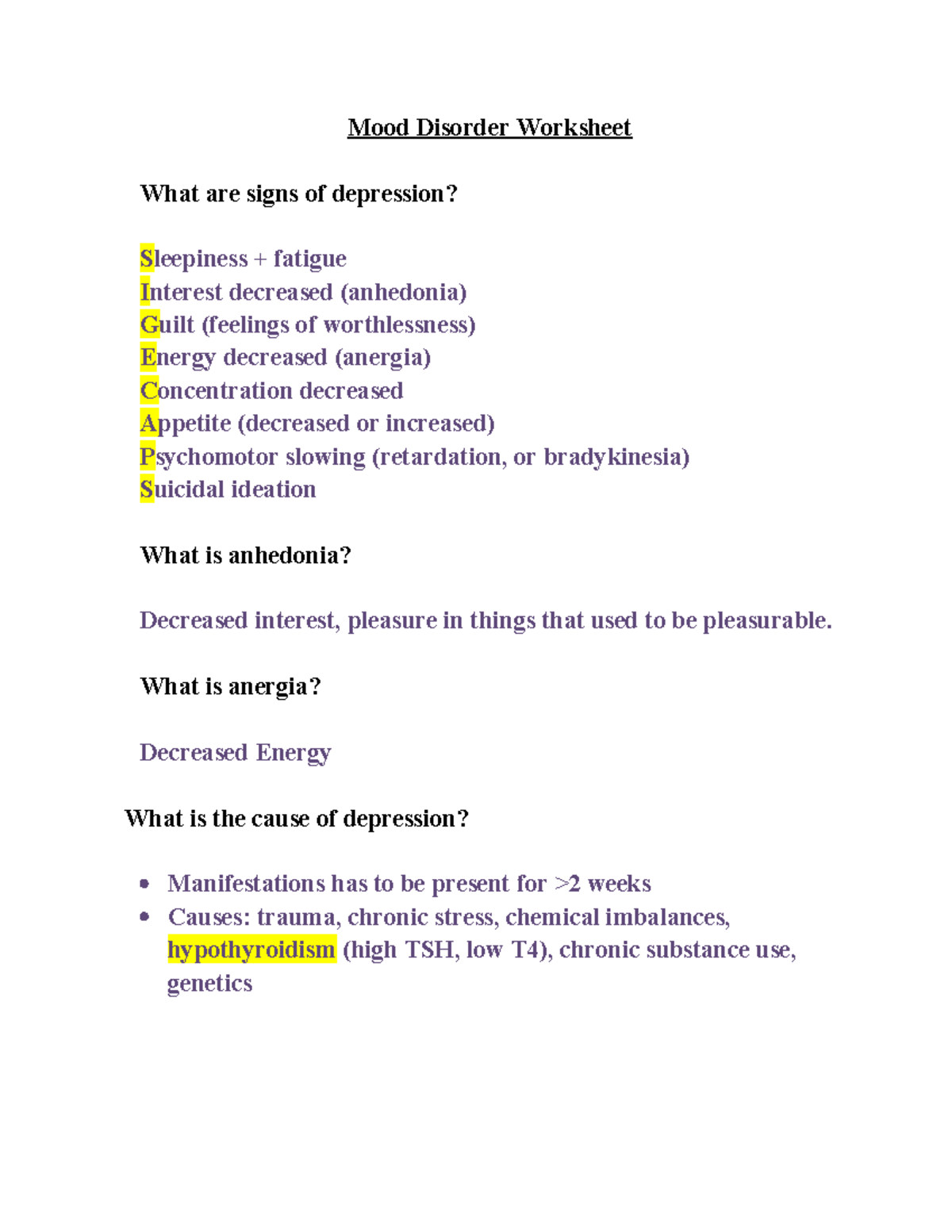 Mood Disorders Worksheet: Signs, Causes, and Patient Education - Studocu