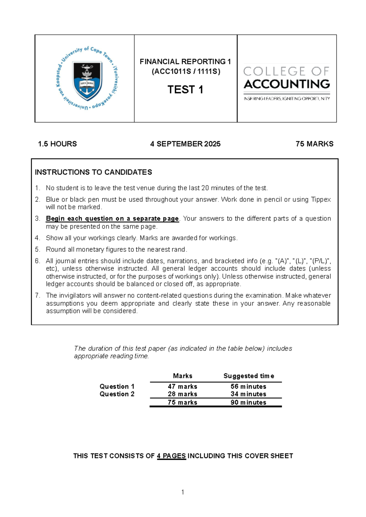 FR1 2025 Test 1: Financial Reporting Exam Instructions and Questions ...