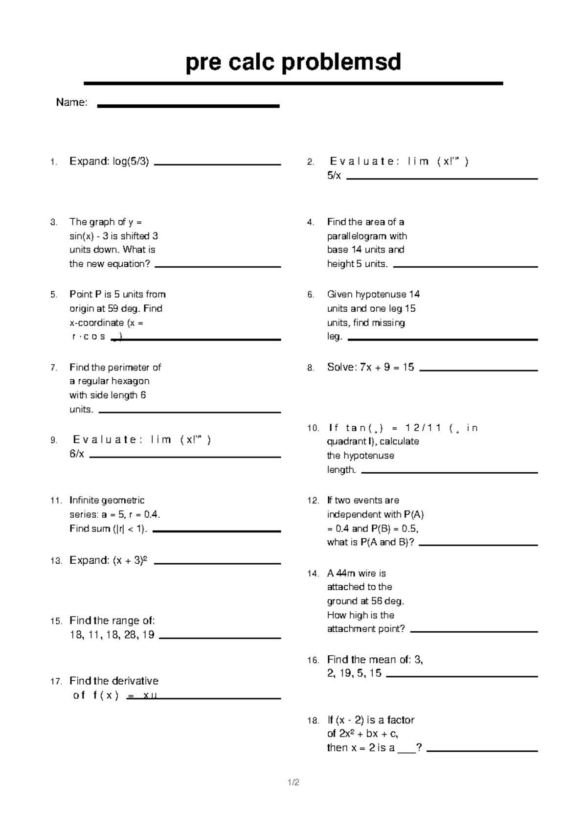 Pre Calc Problems: Practice Questions and Solutions 32 - Studocu