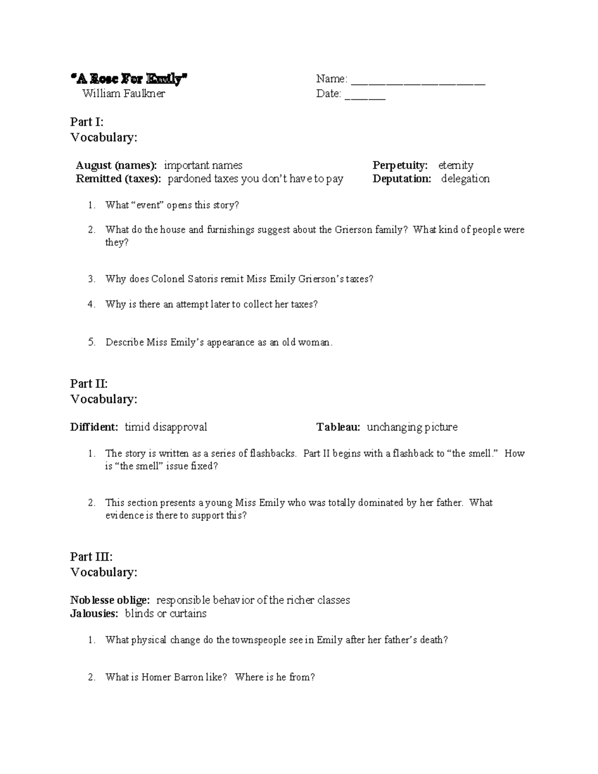A Rose for Emily Study Questions (ENG 101) - Studocu