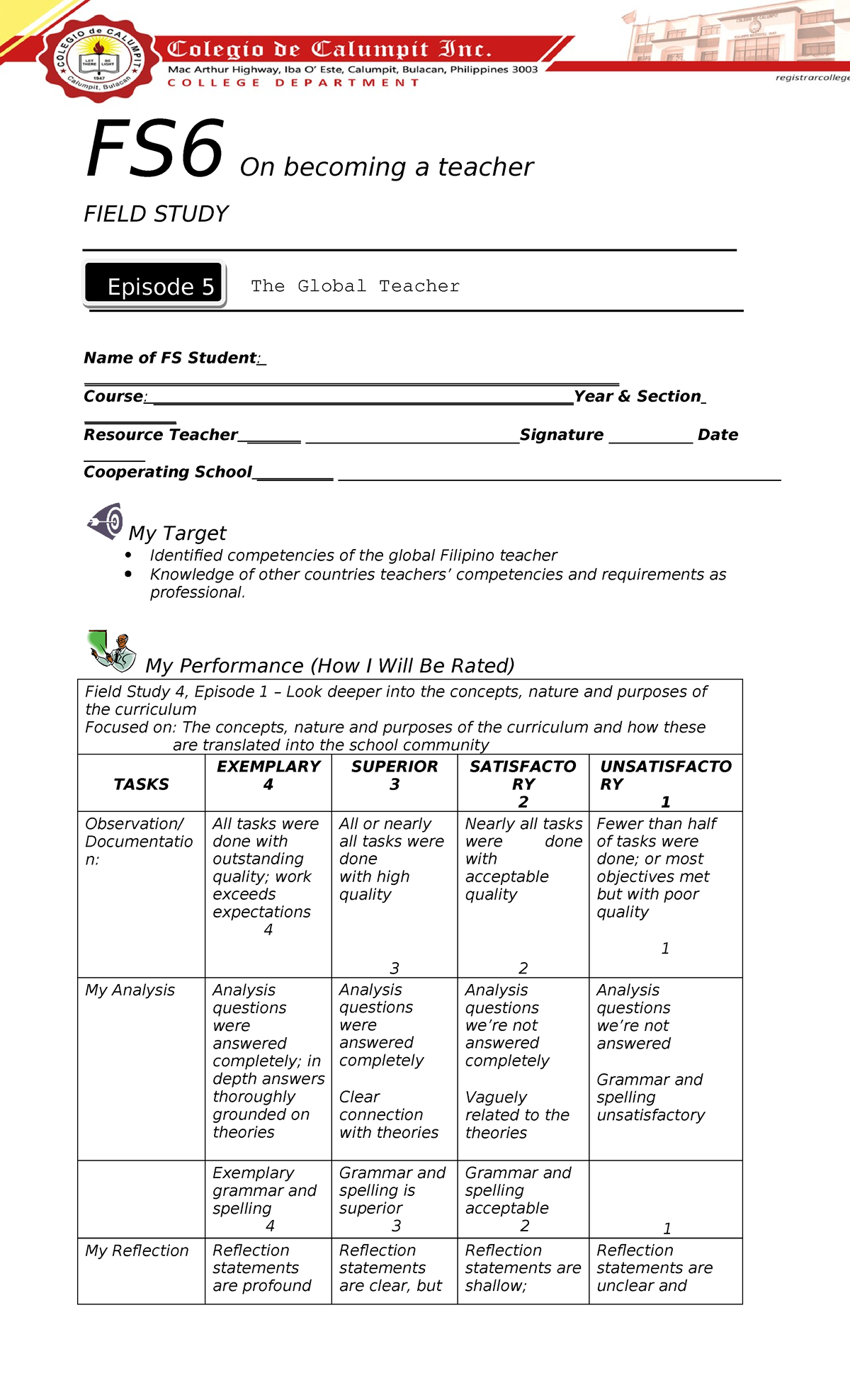 FS-65 Field Study 6: Becoming a Global Teacher in Episode 5 - Studocu