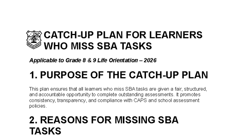 Catch-Up Plan for Grade 8-9 Life Orientation SBA Tasks - Studocu