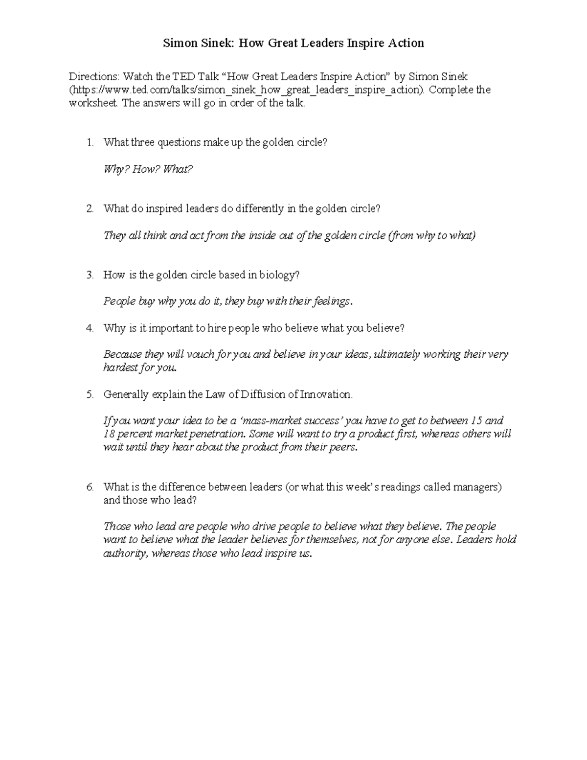 TED Talk Worksheet: Simon Sinek & Derek Sivers Insights - Studocu