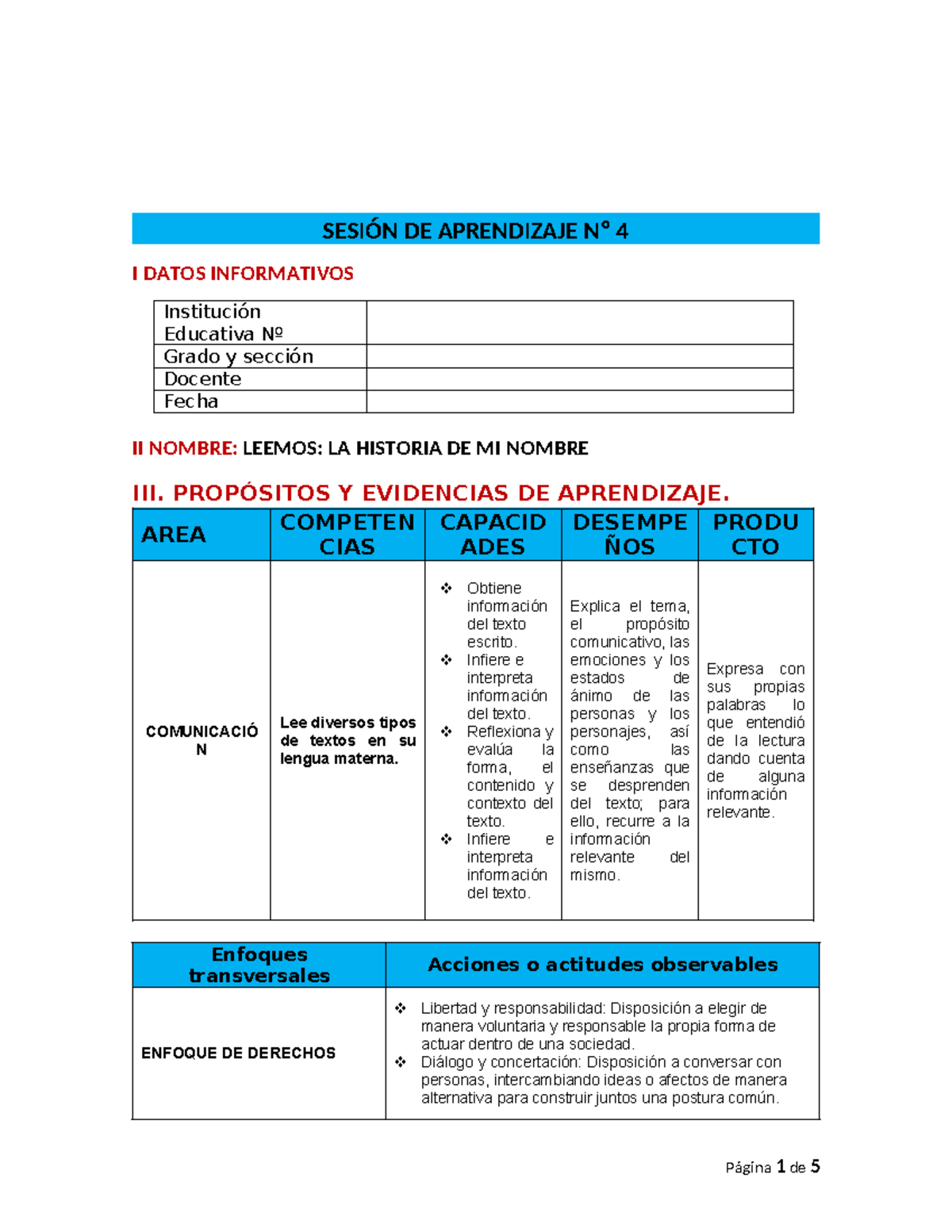 LA HISTORIA DE MI NOMBRE - SESIÓN DE APRENDIZAJE Nº 4 - Studocu