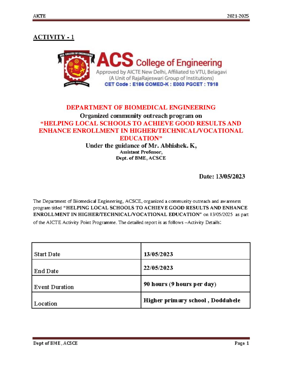 AICTE Activity Report: Community Outreach Programs by Dept. of BME ...