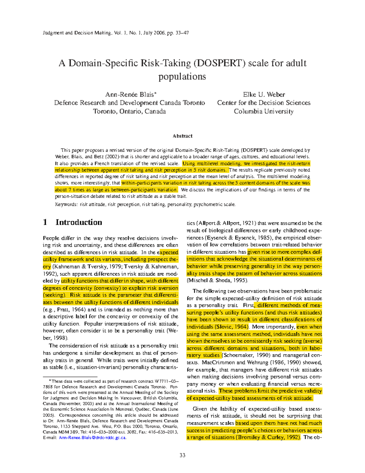 Revised DOSPERT Scale for Adult Risk-Taking: Insights and Findings ...