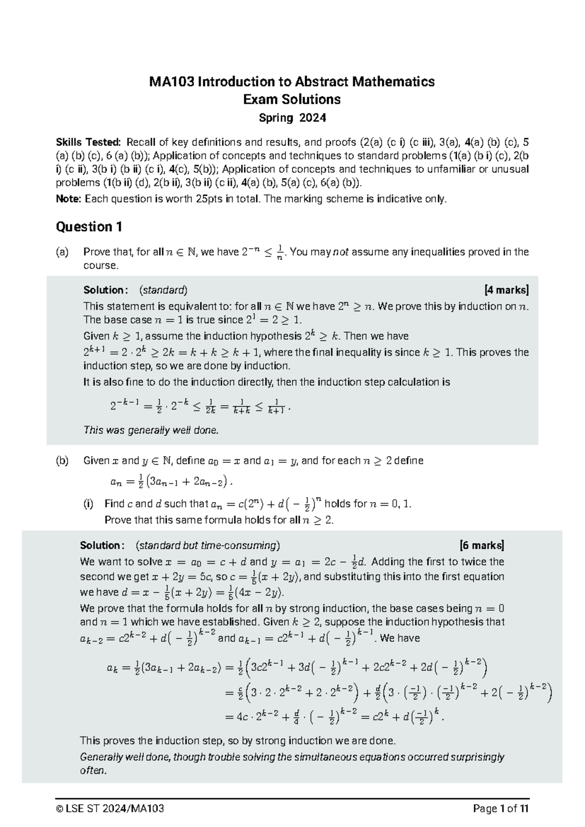 MA103 Spring 2024 - Introduction to Abstract Mathematics Exam Solutions ...