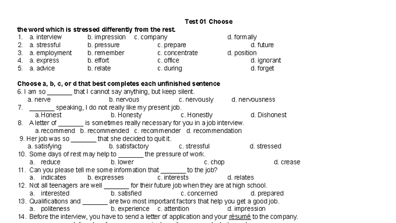 Revision: JOB Interview Test 01 - Studocu