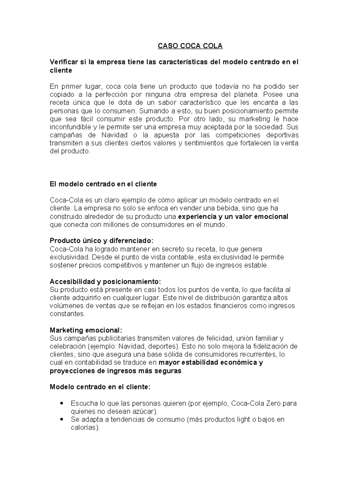 CASO COCA COLA: Análisis del Modelo Centrado en el Cliente - Studocu