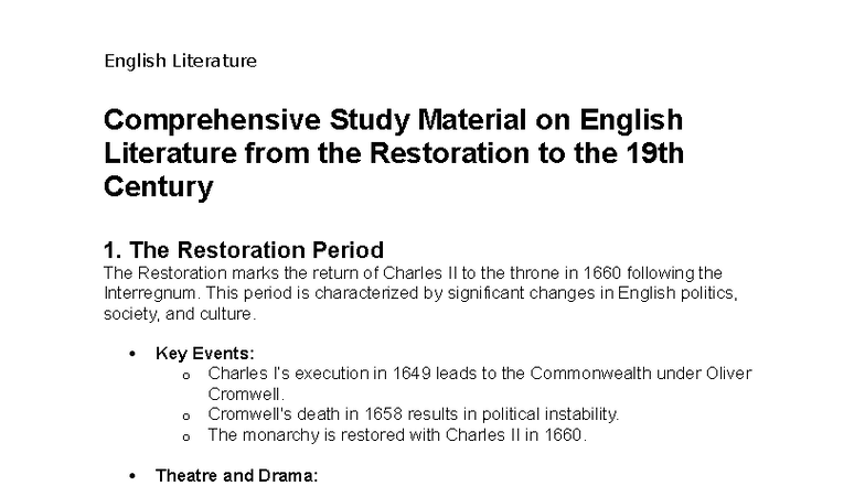 English Literature VWO 5 Summary: From the Renaissance to the 19th ...