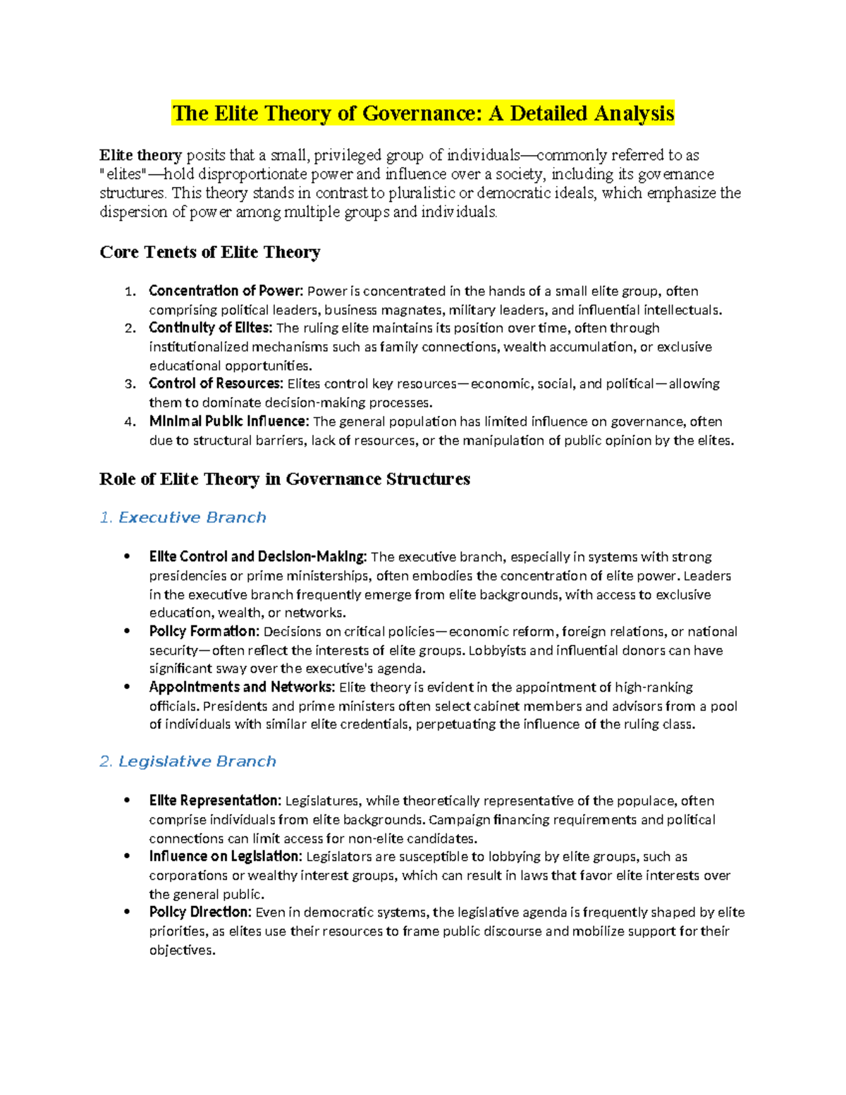 The ELite Theory of Governance - This theory stands in contrast to ...