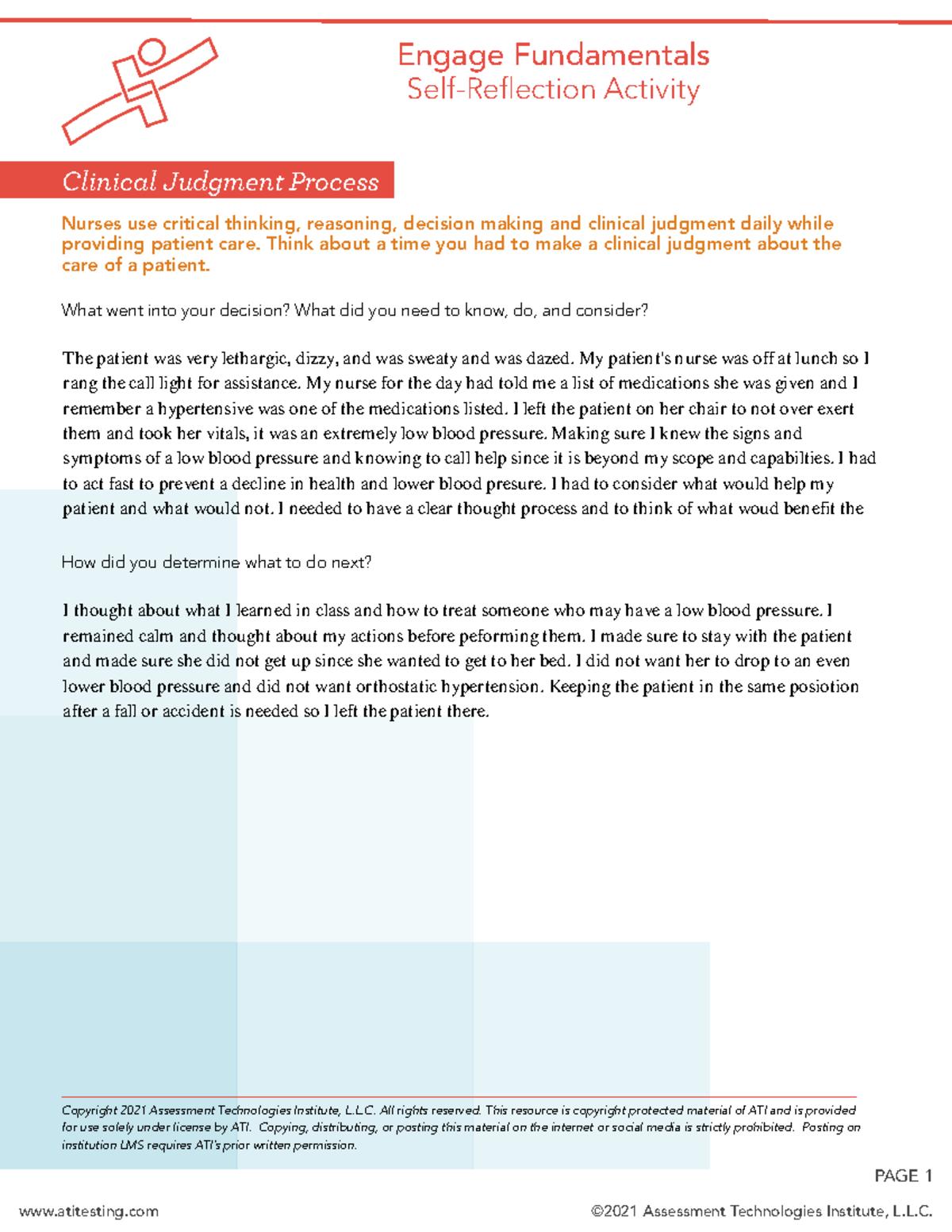 ATI 1137 Self-Reflection on Clinical Judgment in Patient Care - Studocu