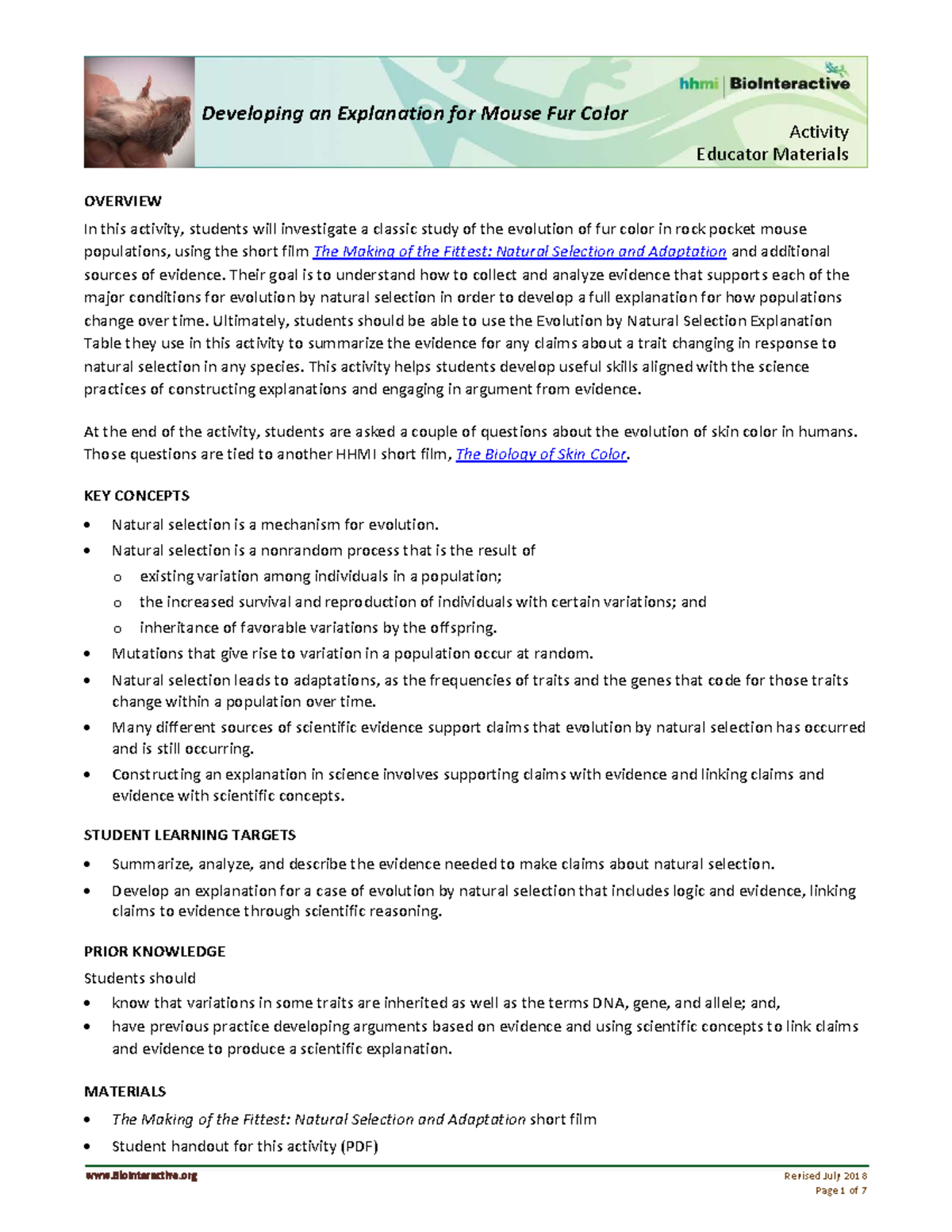 Mouse Fur Color Evolution: Natural Selection Activity Materials - Studocu