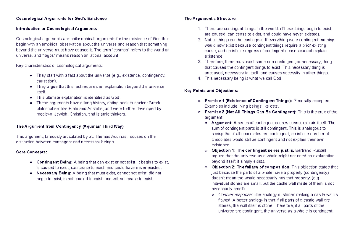 Cosmological Arguments for Existence: A Comprehensive Overview - Studocu