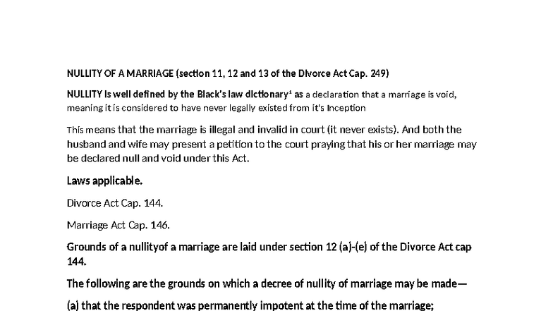 Nullity of a Marriage: Insights from Divorce Act Cap. 249 - Studocu
