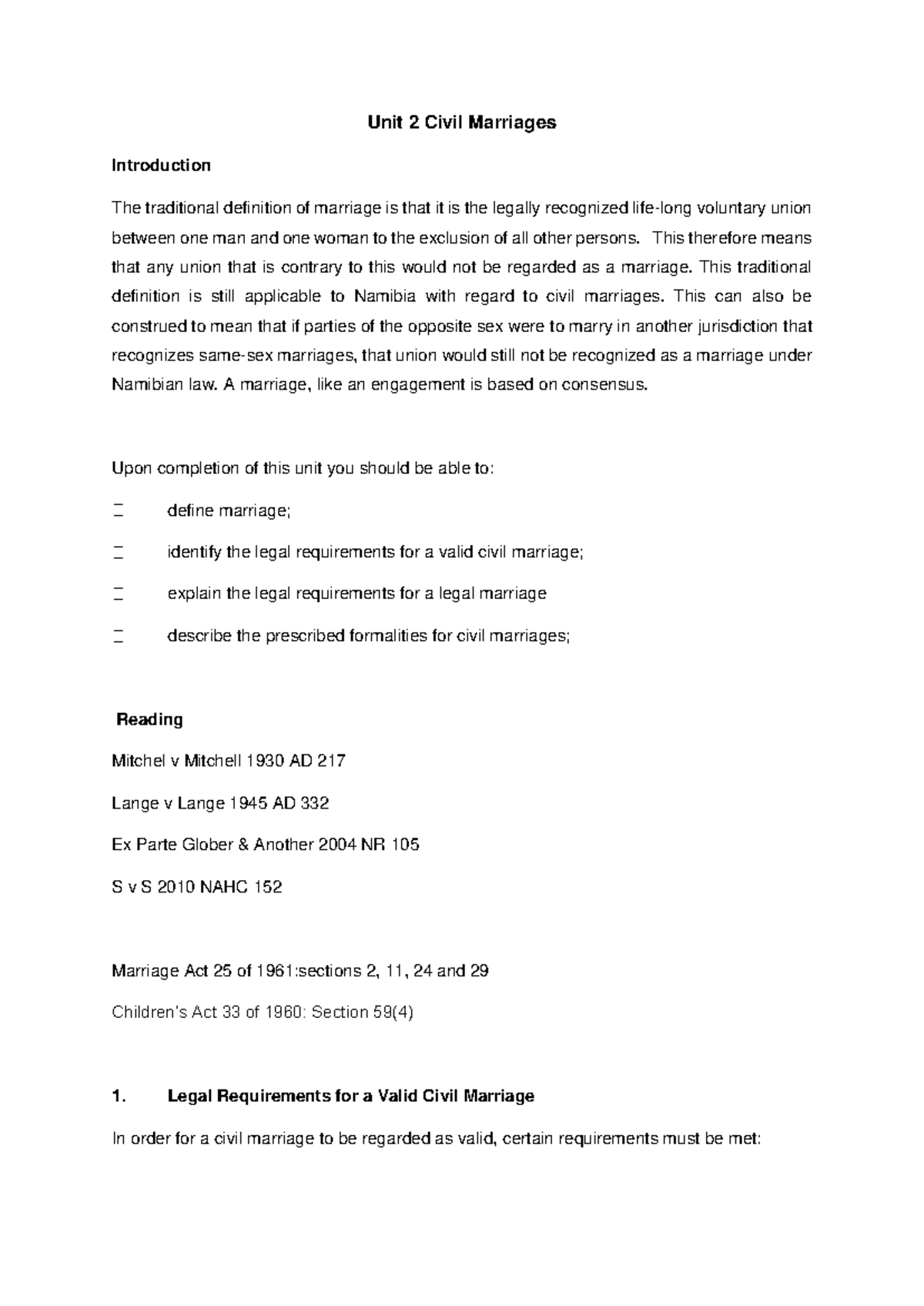 Unit 2: Legal Aspects of Civil Marriages in Namibia - Studocu
