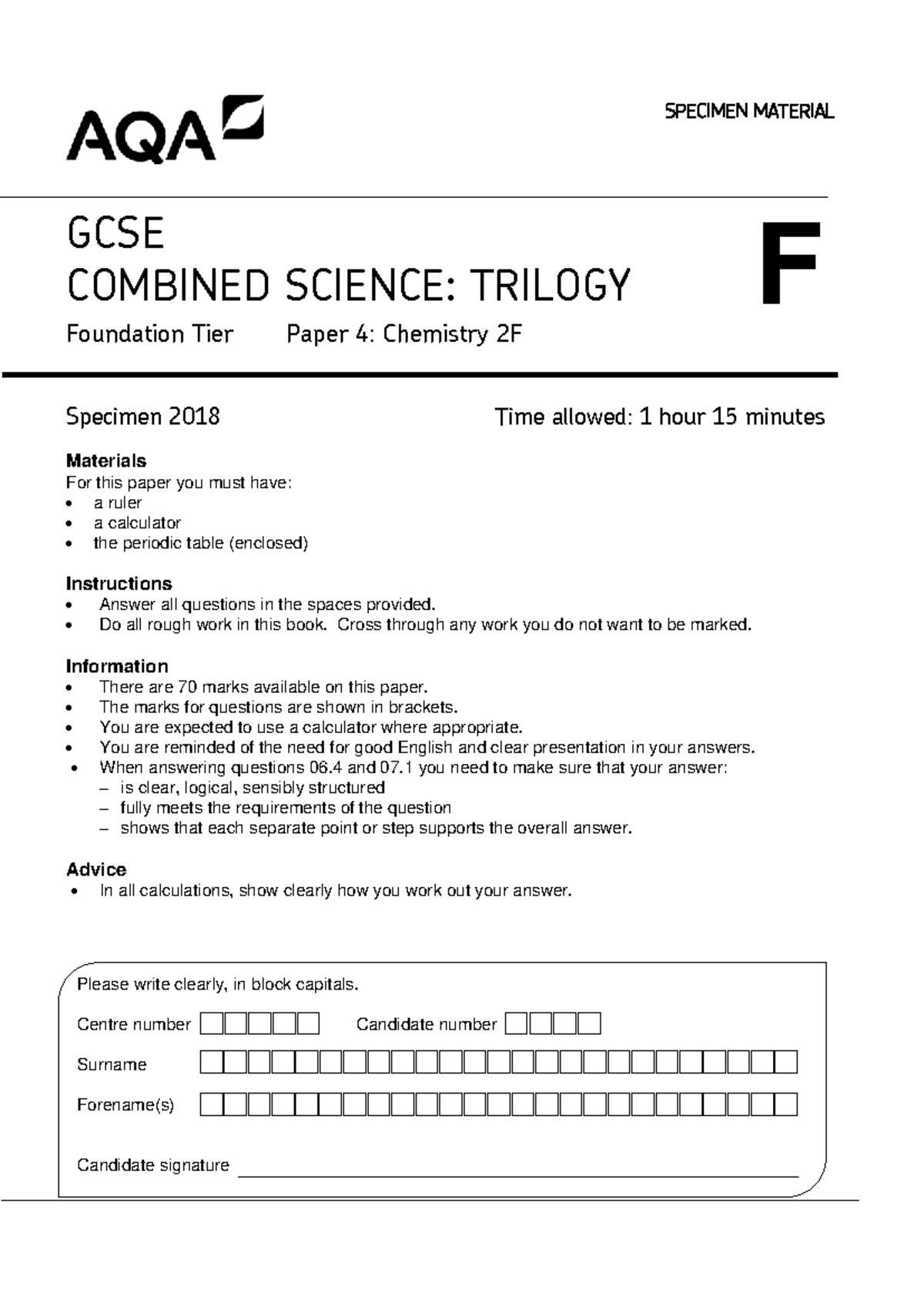 AQA GCSE Combined Science: Trilogy Chemistry Foundation Paper 2 ...
