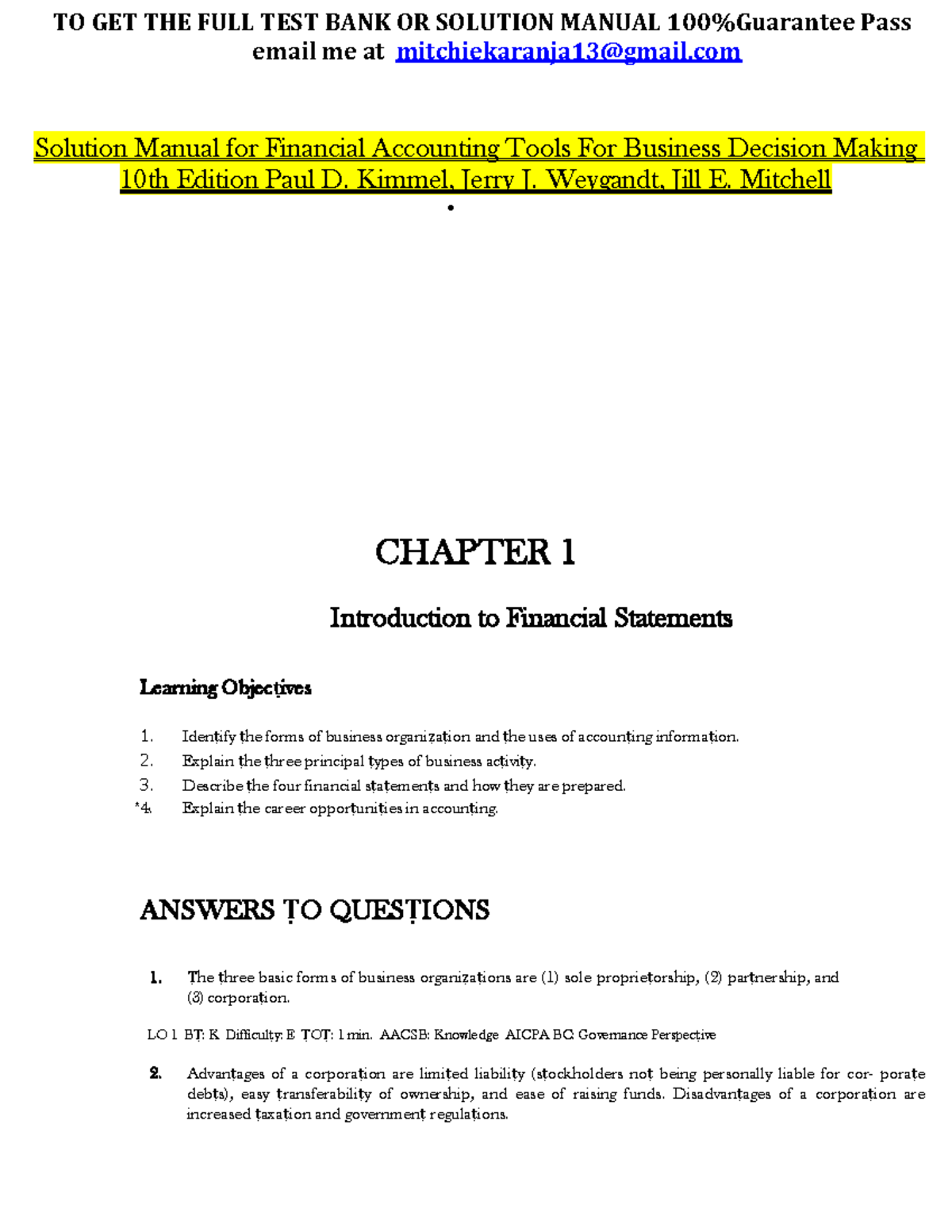 Solution Manual for Financial Accounting (10th Ed) - Chapter 1 Insights - Studocu