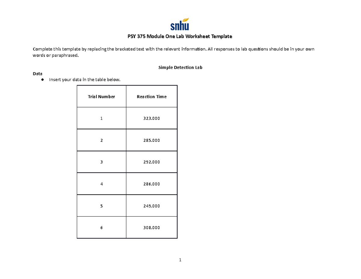 PSY 375 Module One Data Detection Lab Worksheet Template - Studocu