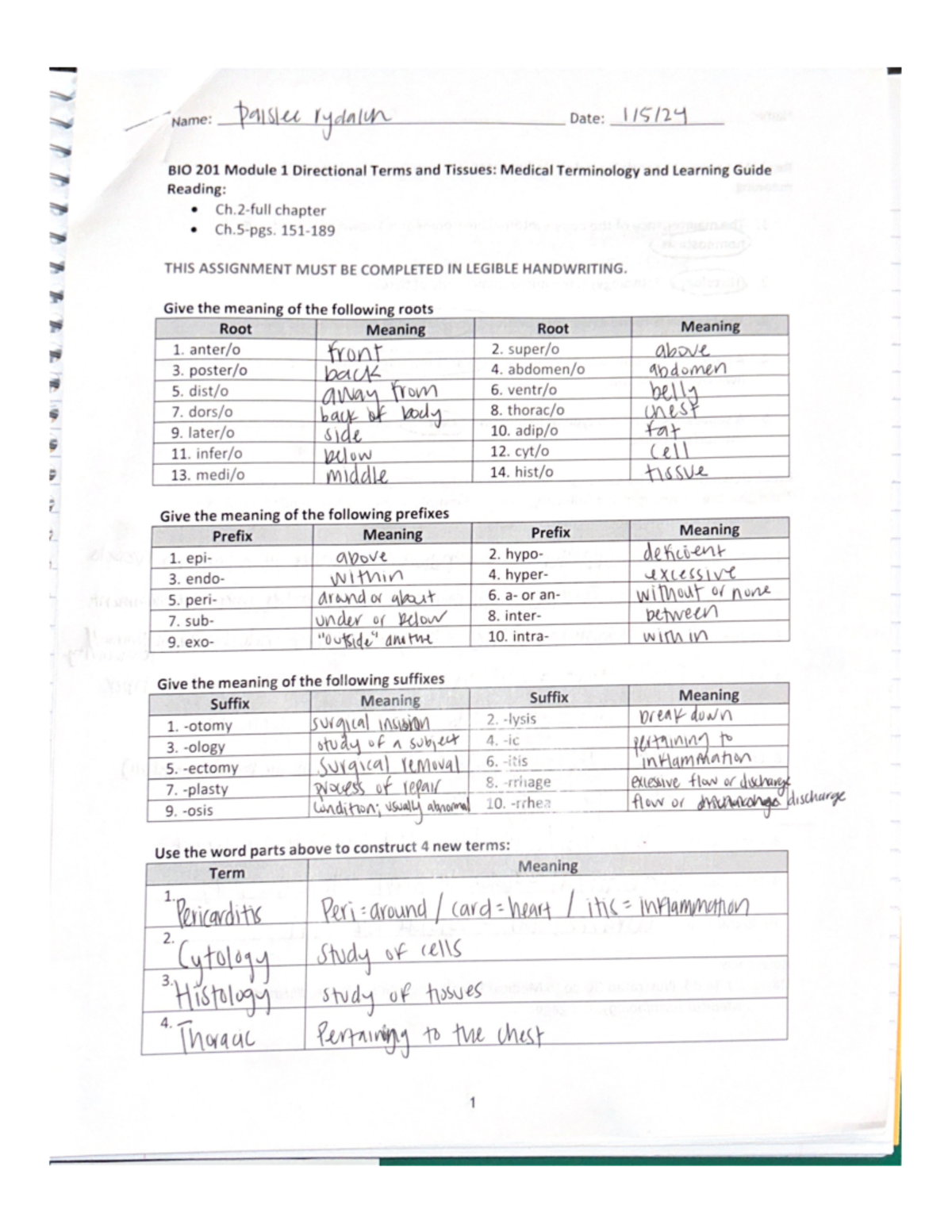 BIO 201 Module 1 Medical Terminology: Directional Terms & Tissues Guide - Studocu