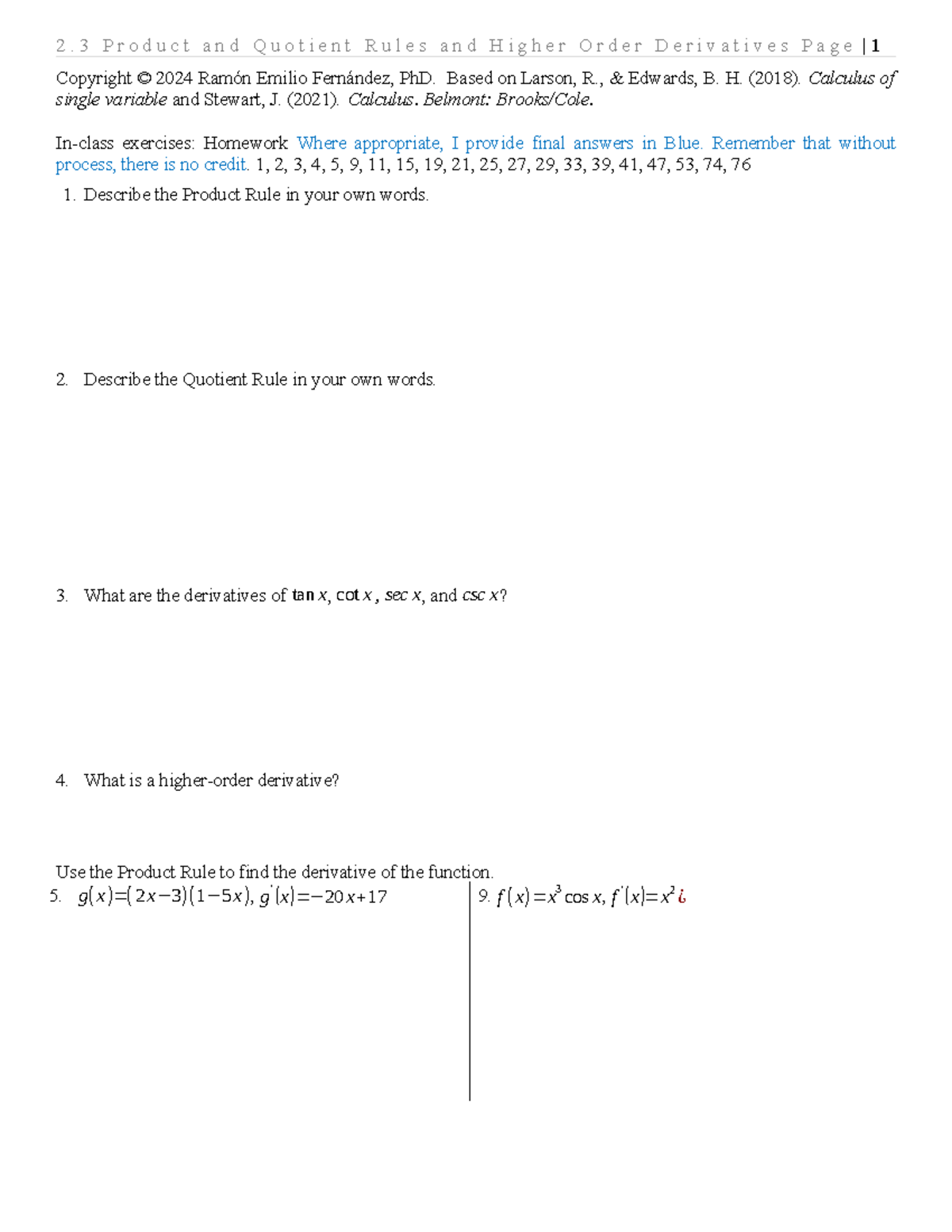 2.3 Product & Quotient Rules: Derivatives & Exercises - Studocu