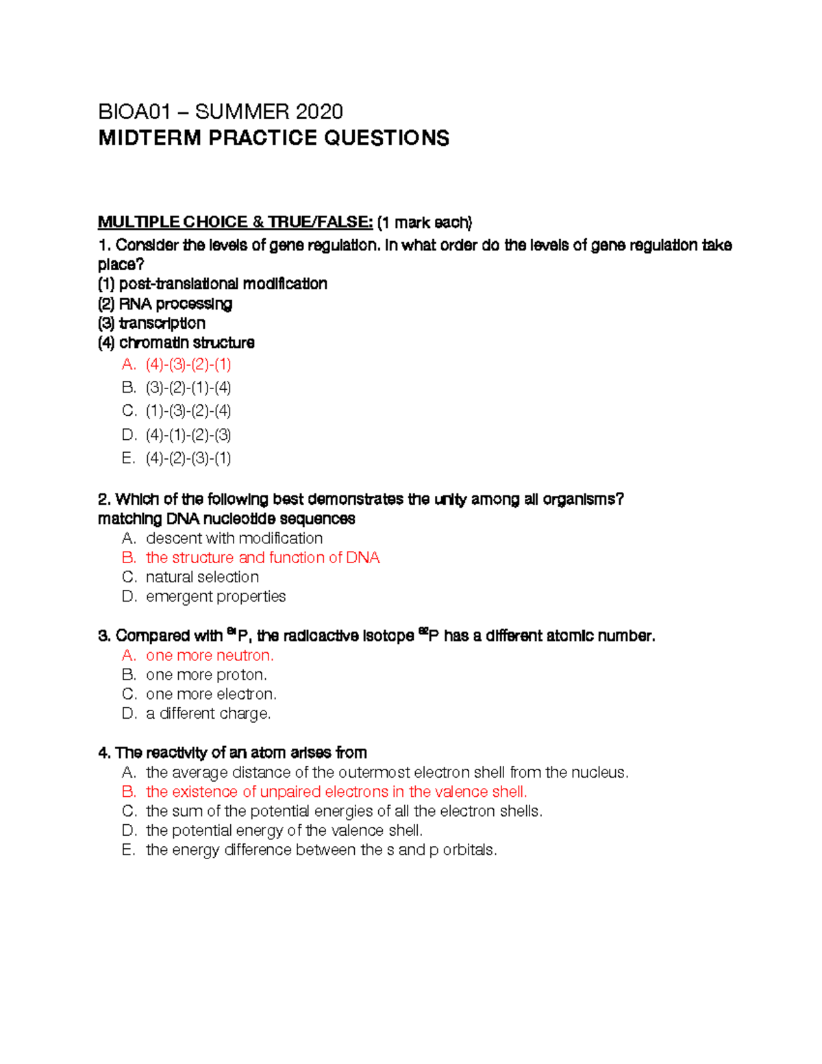 BIOA01 Summer 2020 Midterm Practice Questions & Answers - Studocu