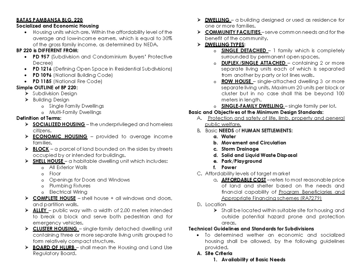 BP 220 Guidelines for Socialized & Economic Housing Design - Studocu