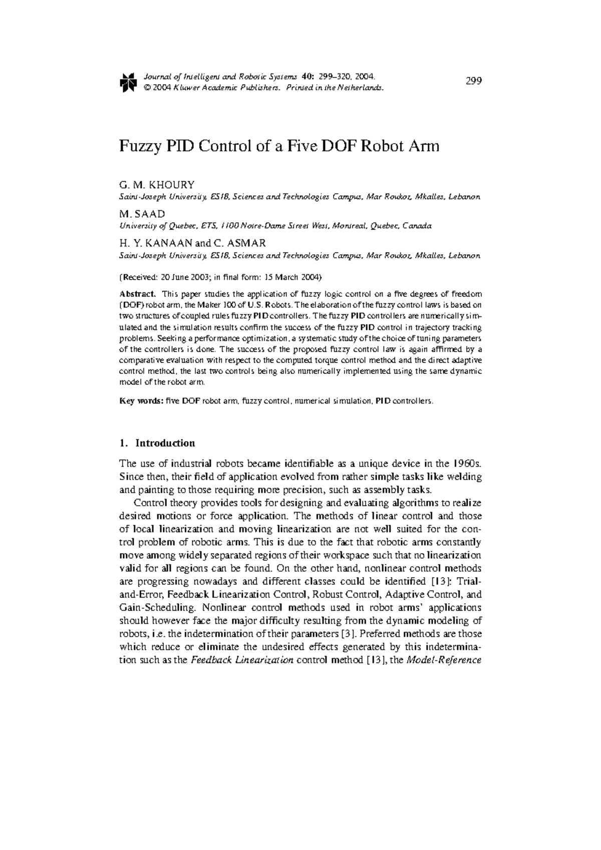Fuzzy PID Control of a Five DOF Robot Arm: A Comprehensive Study - Studocu