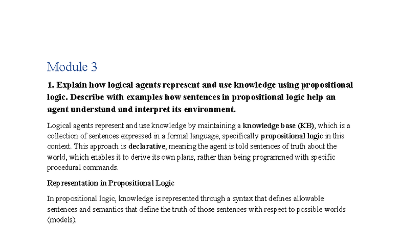 Module 3: Knowledge Representation in Propositional Logic and Logical ...