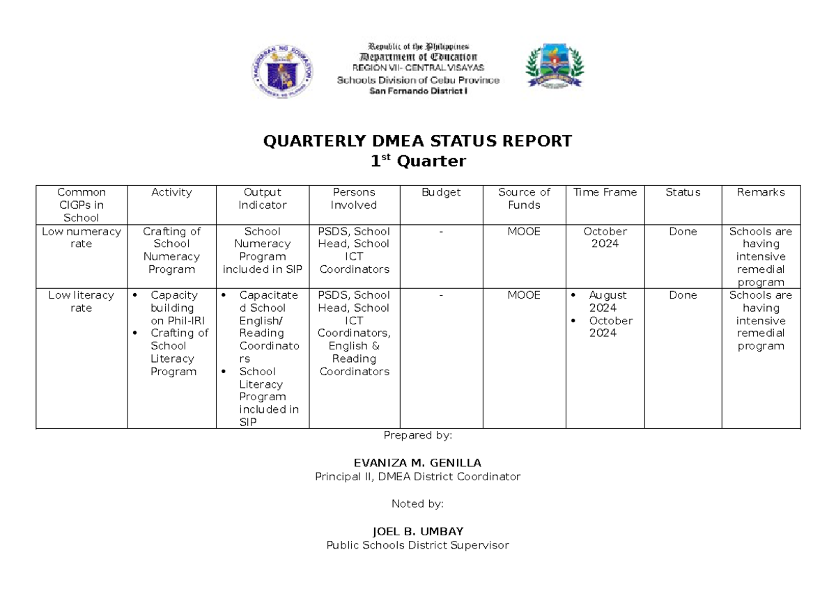 Quarterly DMEA Status Report - QUARTERLY DMEA STATUS REPORT 1 st ...