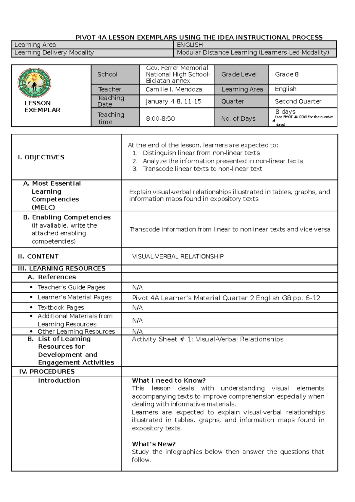 E8-Q2-02 - Sample lesson exemplar - PIVOT 4A LESSON EXEMPLARS USING THE IDEA INSTRUCTIONAL ...