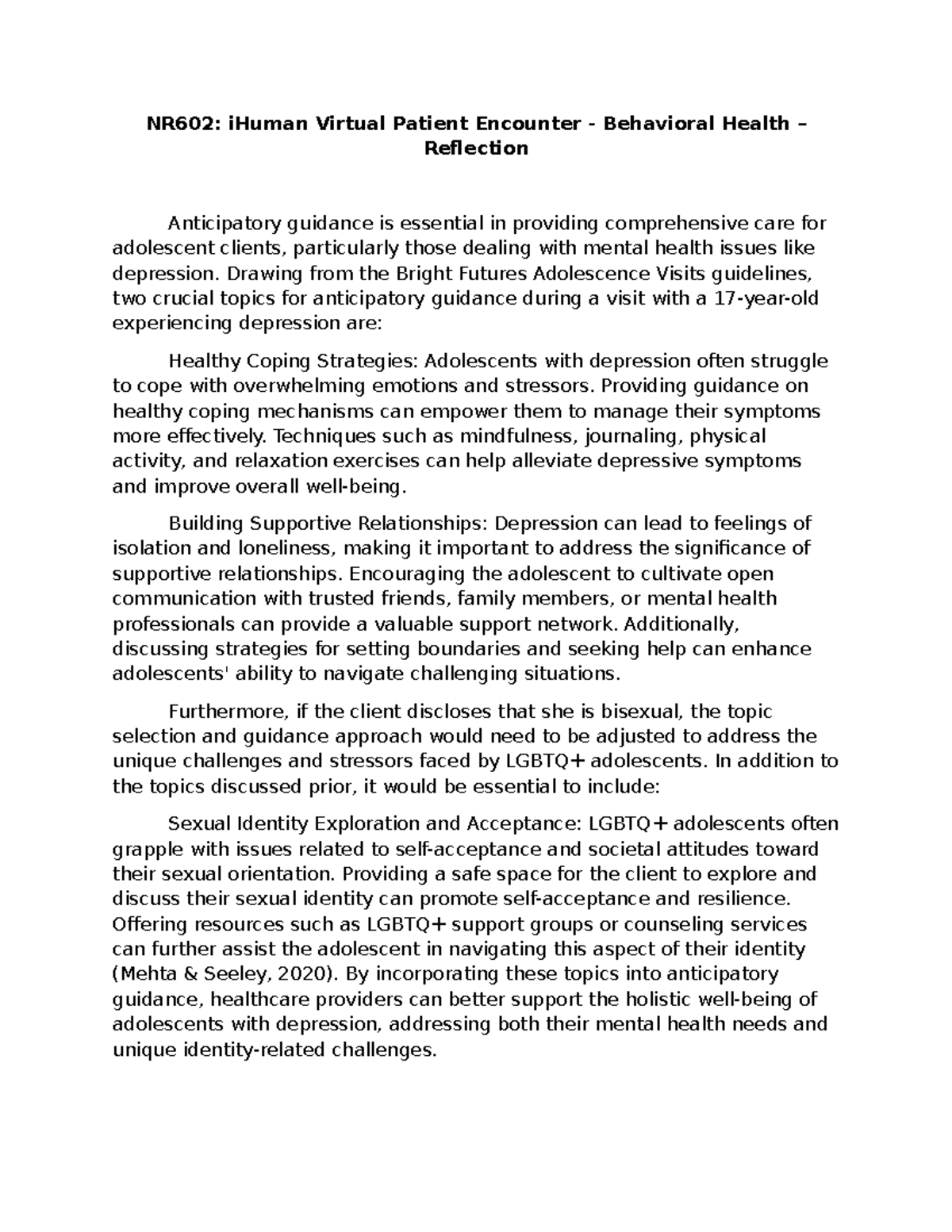 NR602 Week 6 Reflection on Adolescent Depression Guidance - Studocu
