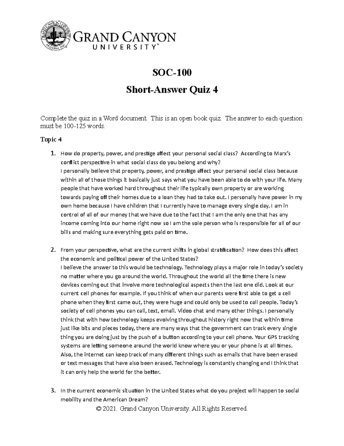 SOC-100 Topic 4 Short-Answer Quiz Responses and Insights - Studocu
