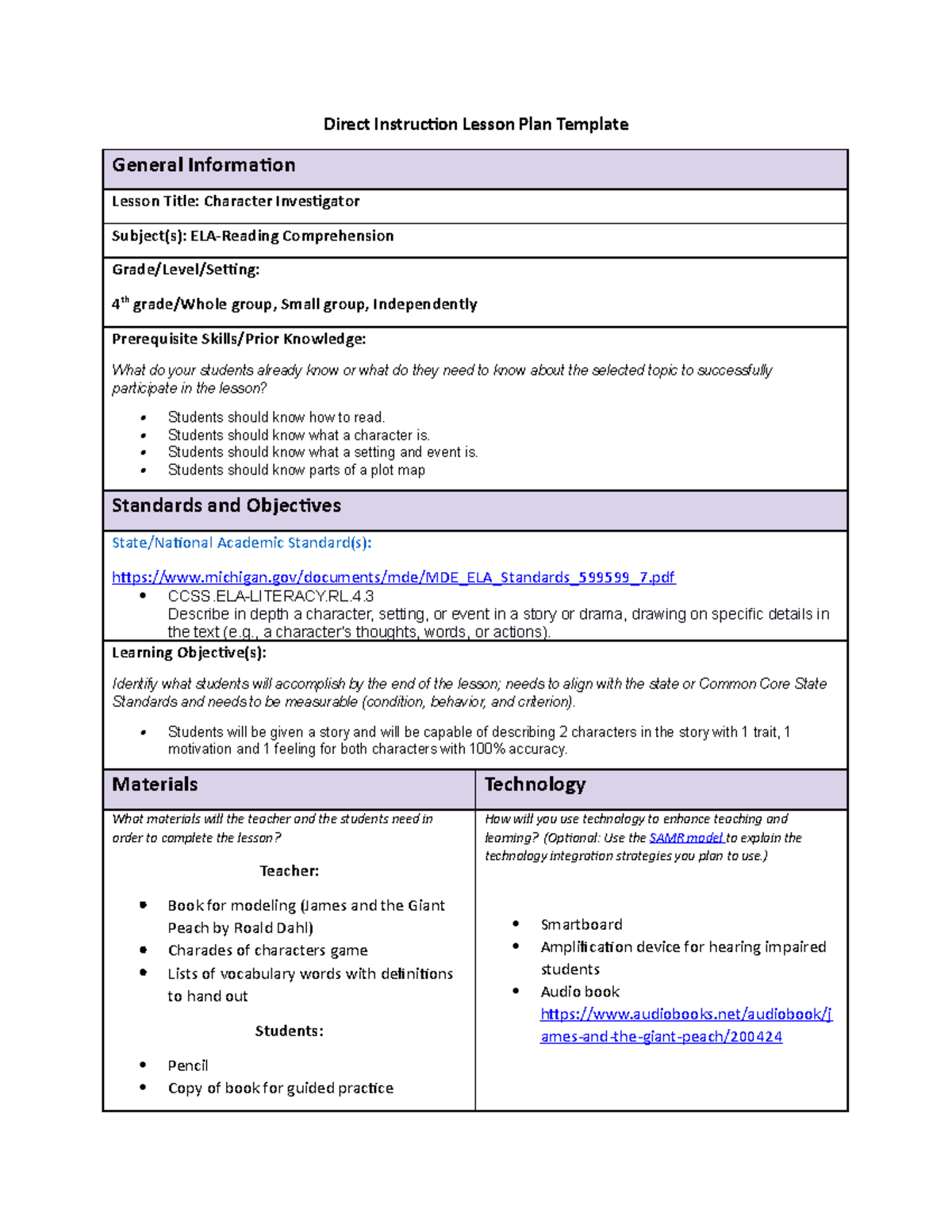 Character Investigator Lesson Plan for Reading - Direct Instruction ...