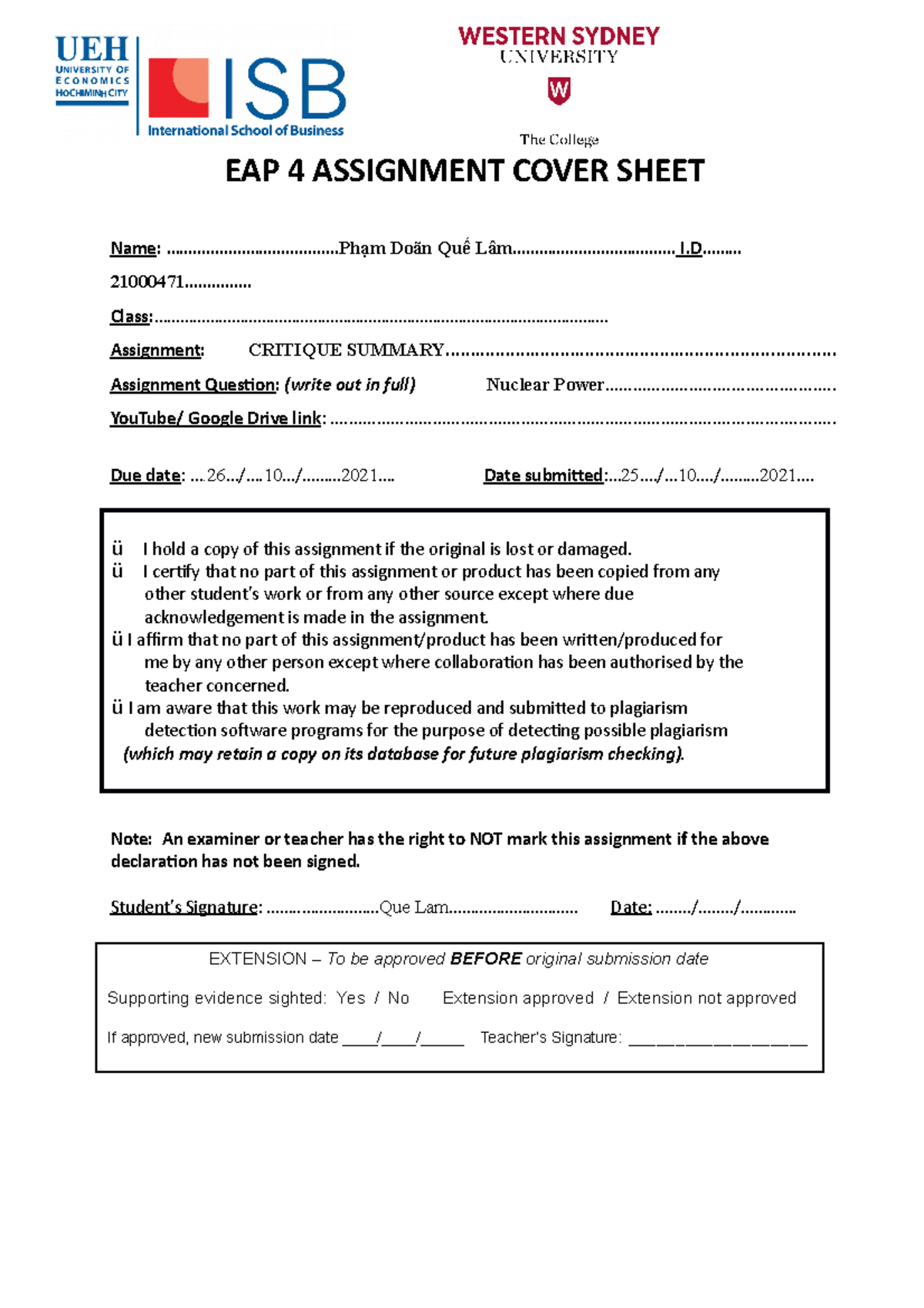 Summary Critique Quế Lâm - EAP 4 ASSIGNMENT COVER SHEET Name: - Studocu