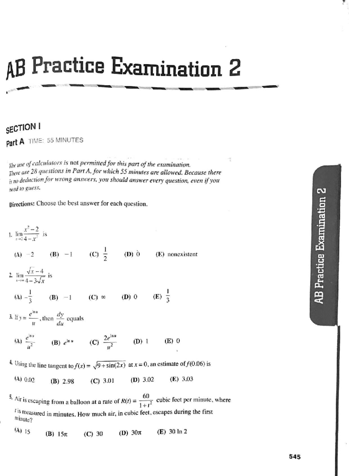 AB Calculus Practice Exam 2 - Part A & B Solutions and Key - Studocu